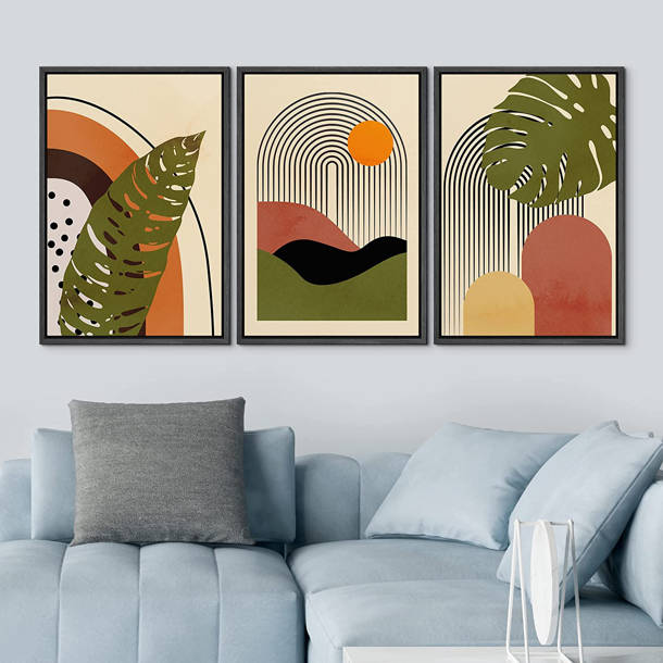 IDEA4WALL Mid Century Modern Boho Tropical Palm Leaf - 3 Piece Floater Frame Graphic Art Set on ...